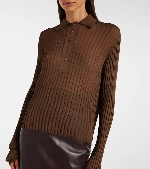 Khaite Vin Ribbed-knit Sheer Polo Shirt - Brown