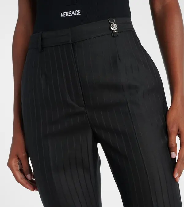 Versace Embellished Pinstripe Wool Flared Pants