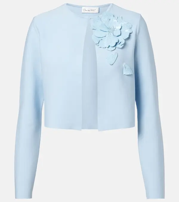 Oscar De La Renta Cropped Floral-appliqué Sequined Jacket - Blue