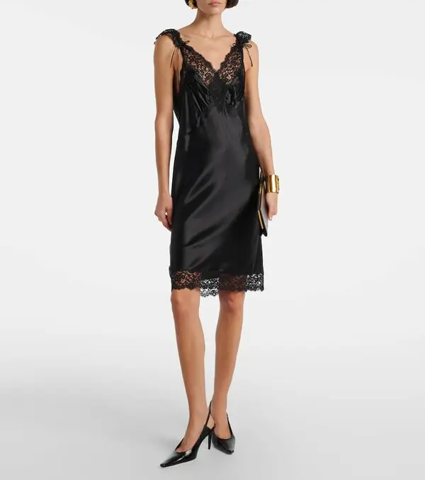 Saint Laurent Lace-Trimmed Silk Satin Slip Dress - Black | Editorialist