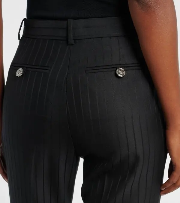 Versace Embellished Pinstripe Wool Flared Pants