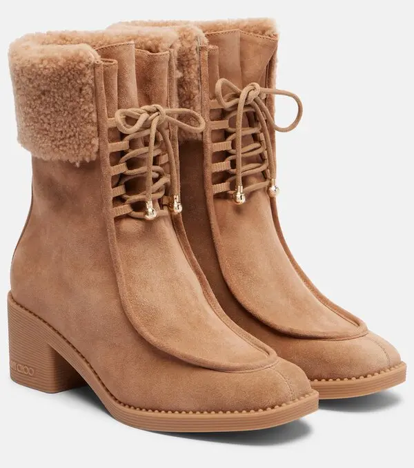 JIMMY CHOO Hali Shearling-trimmed Suede Ankle Boots - Beige