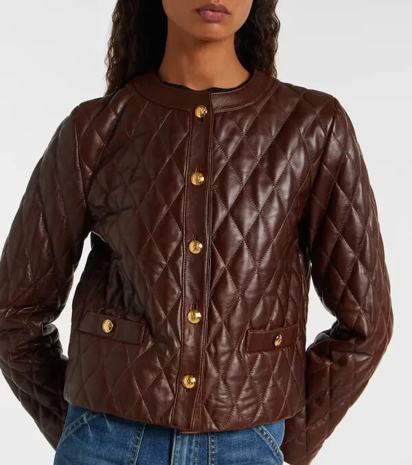 NILI LOTAN Amy Cropped Quilted Leather Jacket - Brown