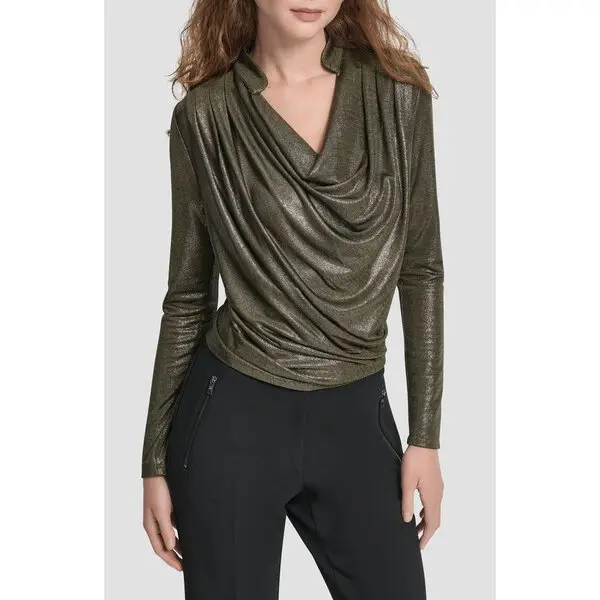 Dkny Foil Drape Top - Dark Olive