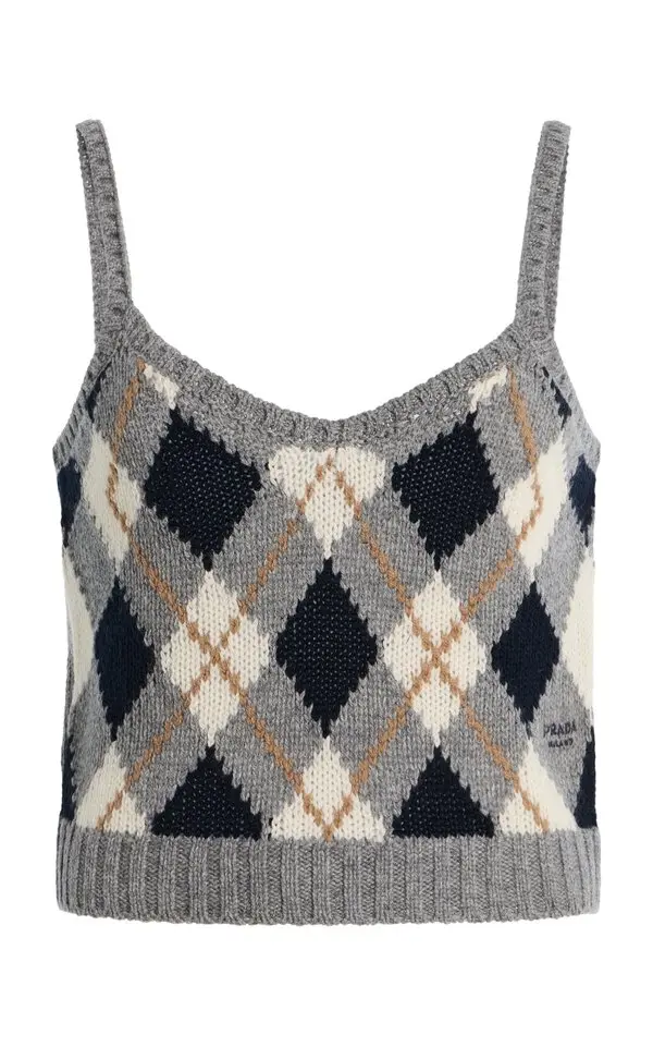 Prada Cropped Argyle Wool Tank Top - Grey