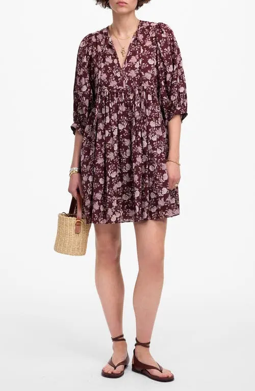 Madewell Floral Split Neck Puff Sleeve Mini Dress