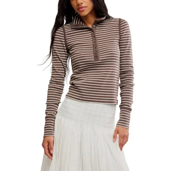 Free People Lake Stripe Rib Henley - Chocolate Combo