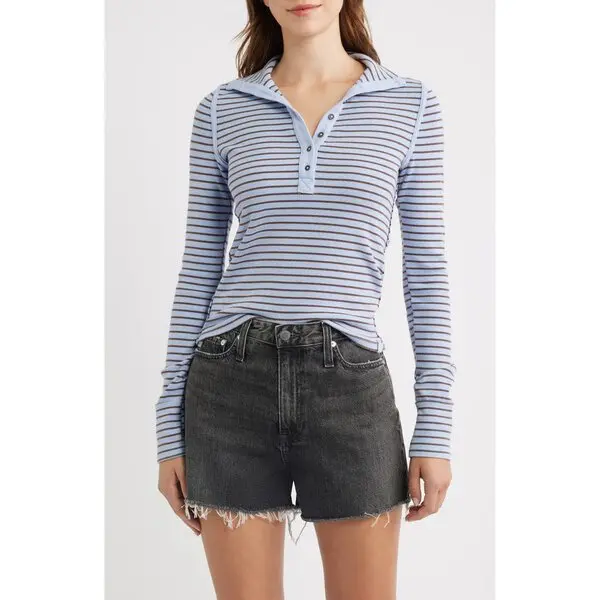 Free People Lake Stripe Rib Henley - Cornflower Combo