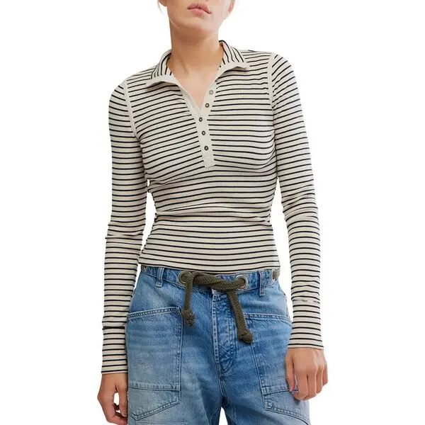 Free People Lake Stripe Rib Henley - Tea Combo