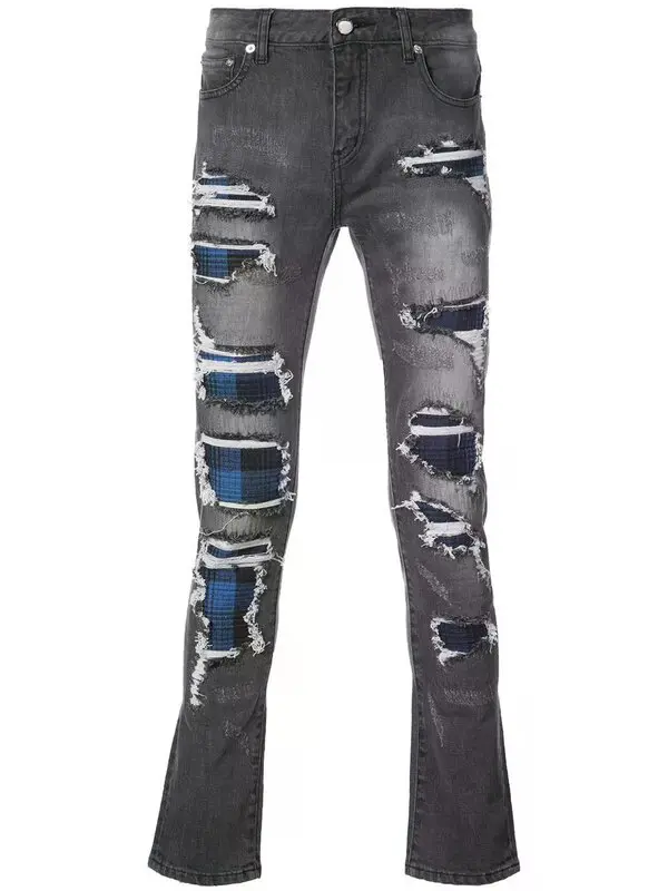 GOD'S MASTERFUL CHILDREN Strati Plaid Panel Distressed Jeans
