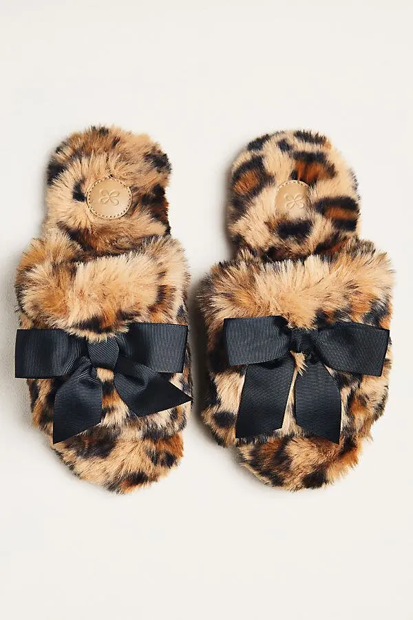 Maeve Faux Fur Open-toe Bow Slippers - Leopard