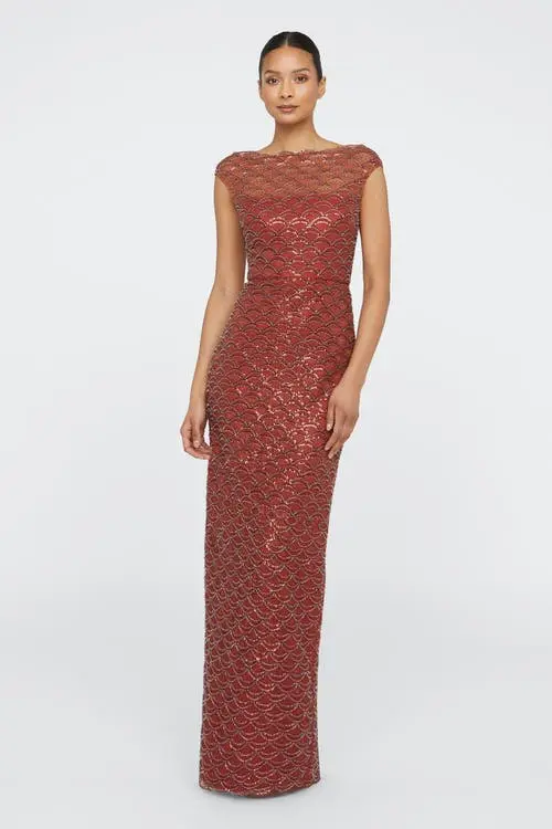 Theia Aura Beaded Column Gown