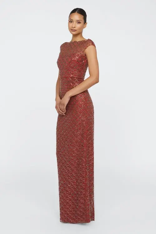 Theia Aura Beaded Column Gown