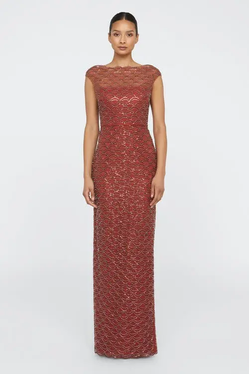 Theia Aura Beaded Column Gown