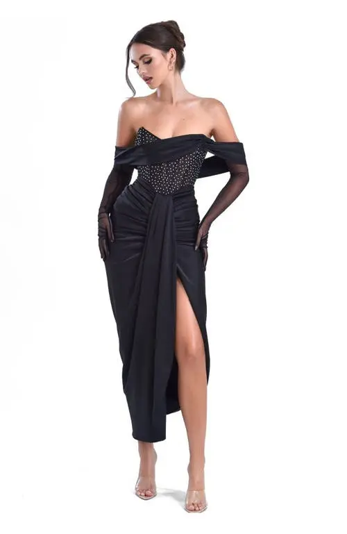 MISS CIRCLE NEW YORK Off-shoulder Crystal Corset Satin Gown