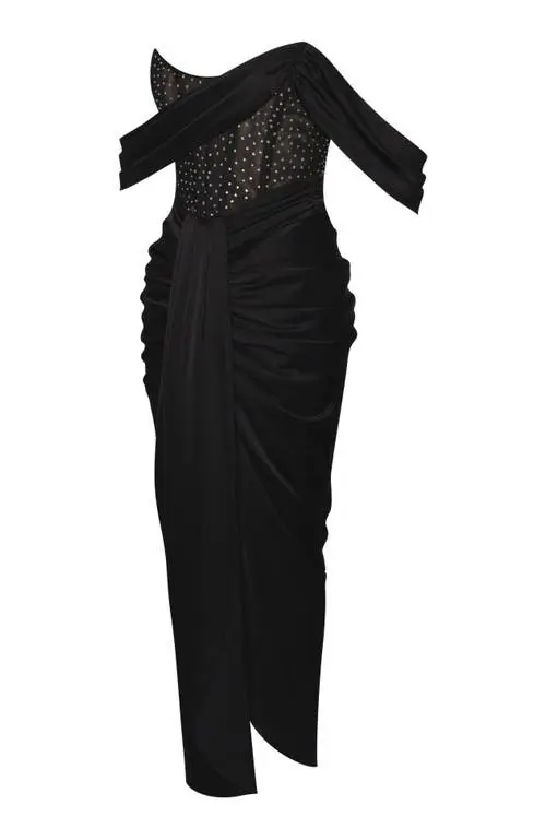 MISS CIRCLE NEW YORK Off-shoulder Crystal Corset Satin Gown