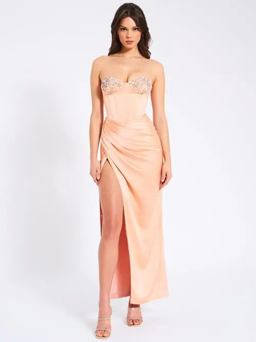 MISS CIRCLE NEW YORK Satin Corset Gown With Crystal Embellishments And Slit