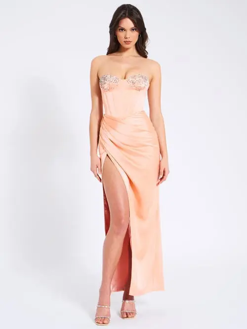 MISS CIRCLE NEW YORK Satin Corset Gown With Crystal Embellishments And Slit