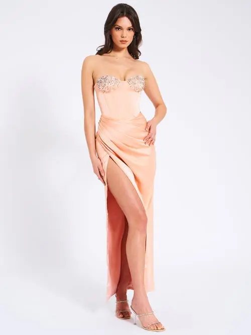 MISS CIRCLE NEW YORK Satin Corset Gown With Crystal Embellishments And Slit