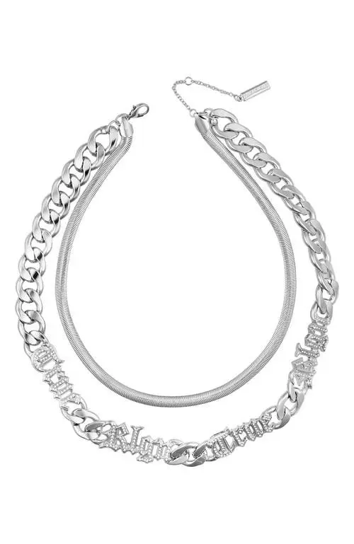 True Religion Layered Chain Necklace With Logo Script - Silvertone