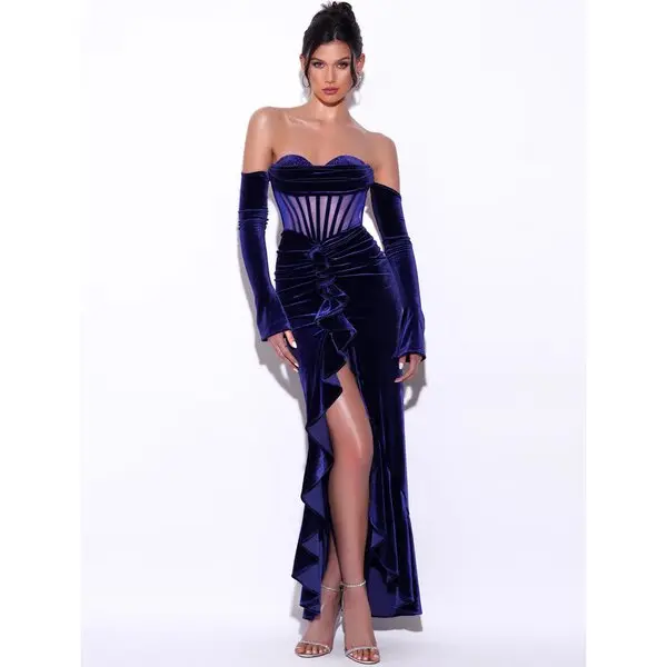 MISS CIRCLE Taylee Long Sleeve Off Shoulder Corset Velvet Gown - Navy