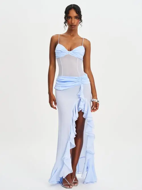 MISS CIRCLE NEW YORK Lacy Ruched High Slit Chiffon Gown