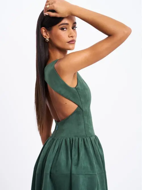 MISS CIRCLE NEW YORK Laila Suede Backless Midi Dress