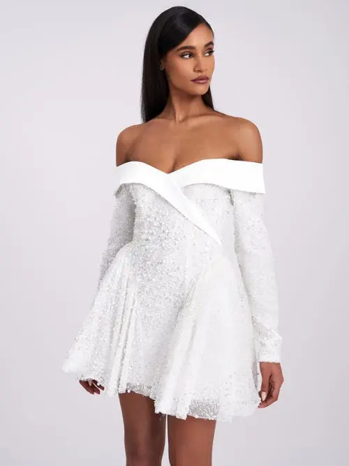 MISS CIRCLE NEW YORK Beaded Embroidered Off Shoulder Mini Dress