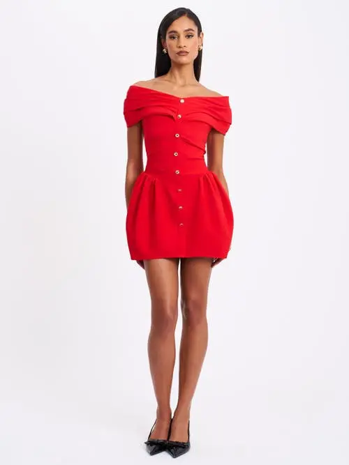 MISS CIRCLE NEW YORK Off-shoulder Mini Dress With Gold Button Detailing