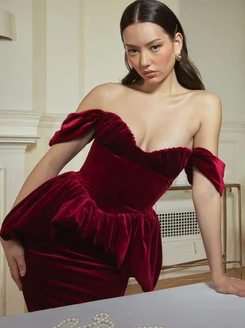 MISS CIRCLE NEW YORK Velvet Off Shoulder Peplum Maxi Dress