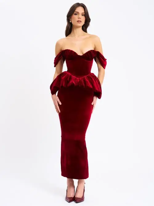 MISS CIRCLE NEW YORK Velvet Off Shoulder Peplum Maxi Dress