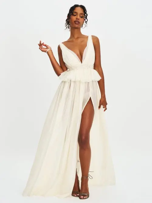 MISS CIRCLE Calleigh Flare Beaded Belt Maxi Gown