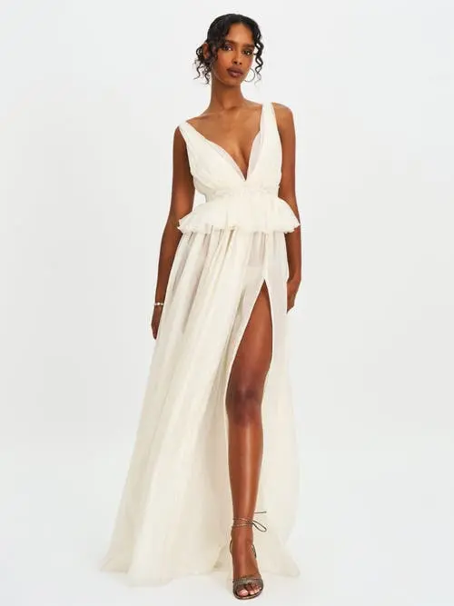 MISS CIRCLE Calleigh Flare Beaded Belt Maxi Gown