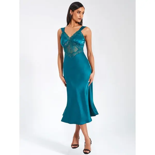 MISS CIRCLE NEW YORK Satin And Lace Midi Slip Dress