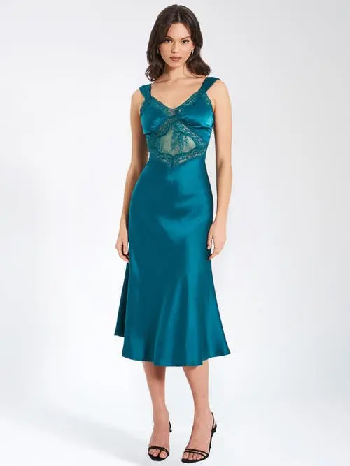 MISS CIRCLE NEW YORK Satin And Lace Midi Slip Dress