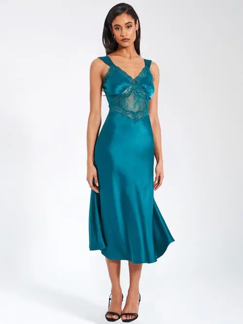 MISS CIRCLE NEW YORK Satin And Lace Midi Slip Dress