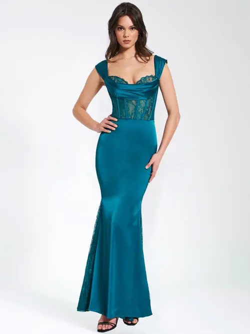 MISS CIRCLE NEW YORK Satin Lace Corset Maxi Dress