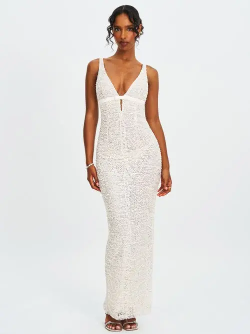 MISS CIRCLE Beaded Sequin Net Bodycon Gown