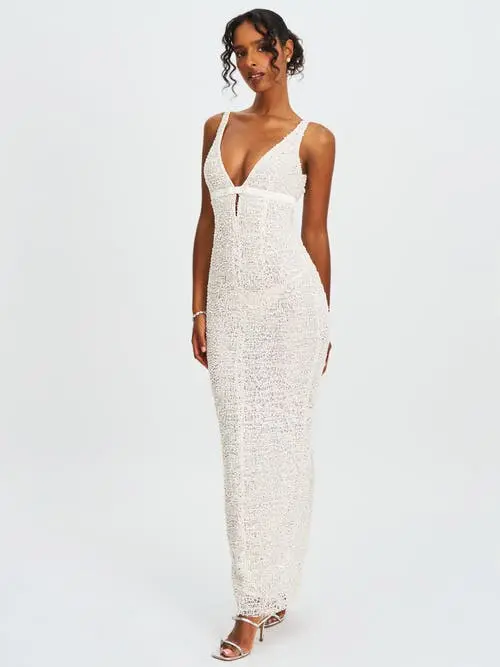 MISS CIRCLE Beaded Sequin Net Bodycon Gown