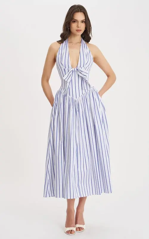 MISS CIRCLE Striped Halter Maxi Dress With Smocked Back - Navy Beach-style Stripe