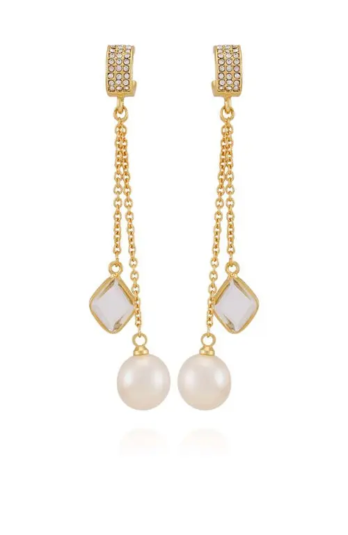 Vince Camuto Dangle Earrings With Freshwater Pearl And Crystal Drop - Gold Tone