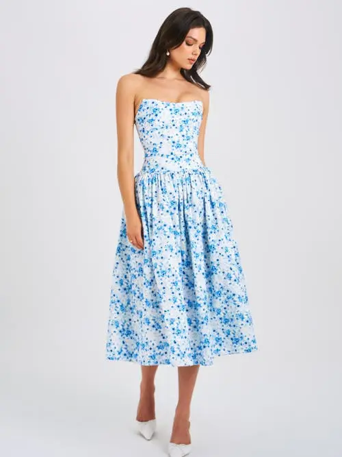 MISS CIRCLE NEW YORK Paloma Linen Corset Draping Top Midi Dress