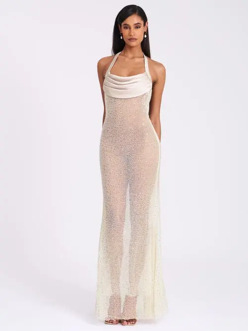 MISS CIRCLE Halter Backless Beaded Mesh Gown