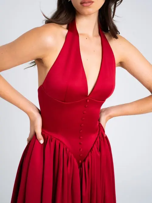 MISS CIRCLE Plunging Halter Backless Maxi Dress