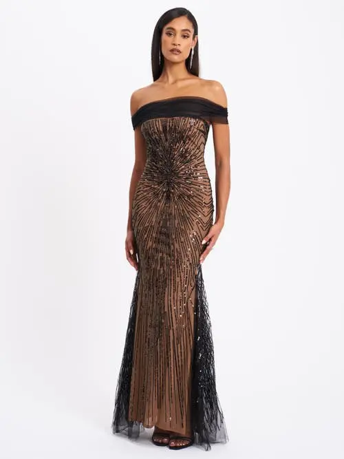 MISS CIRCLE NEW YORK Embroidered Sequin Off Shoulder Mesh Gown