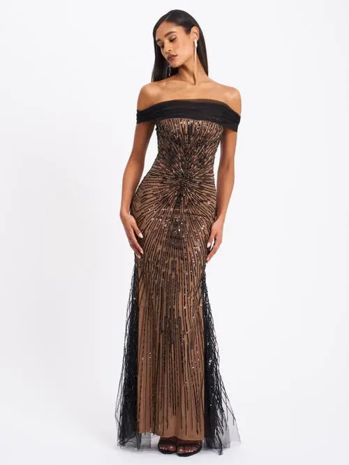 MISS CIRCLE NEW YORK Embroidered Sequin Off Shoulder Mesh Gown