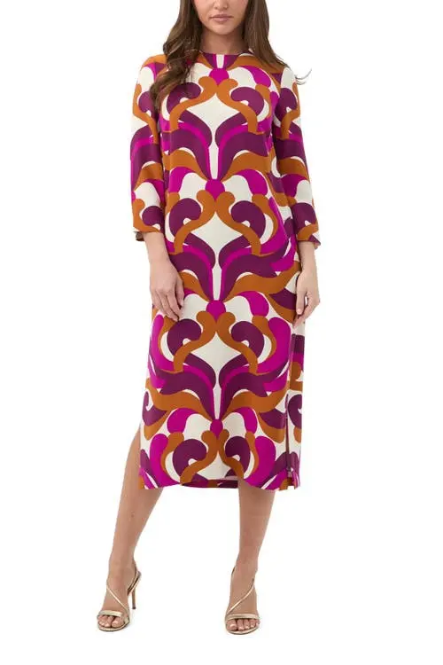 Trina Turk Printed Midi Dress With 3/4 Sleeves