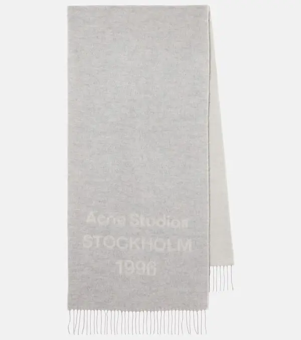 Acne Studios Fringed Logo Wool Jacquard Scarf - Grey