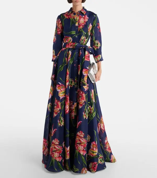 Carolina Herrera Floral Gazar Gown - Blue