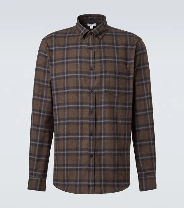 Sunspel Checked Cotton Flannel Shirt - Brown